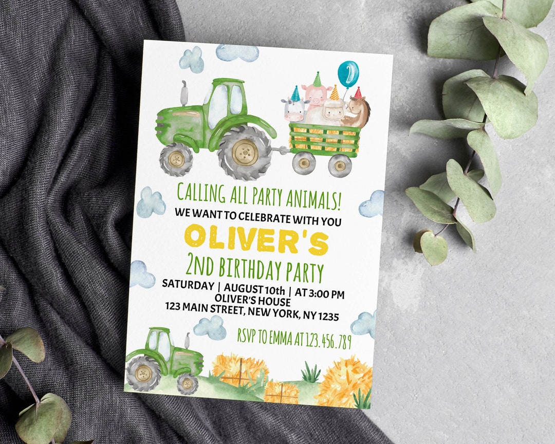 EDITABLE Tractor Birthday Invitation, Green Tractor Invitation, Boy 2nd ...