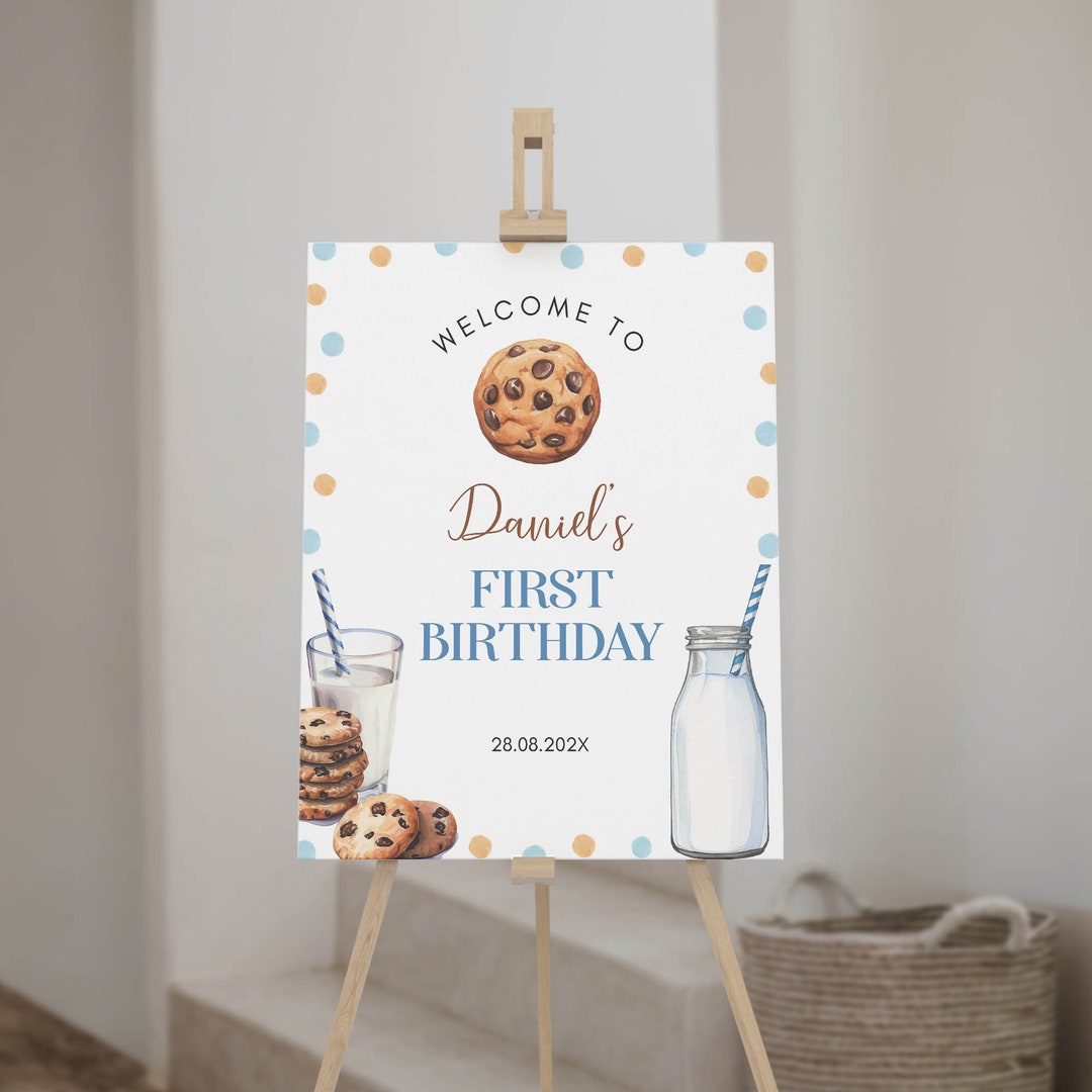 EDITABLE Milk and Cookies First Birthday Welcome Sign, Boy 1st Birthday ...