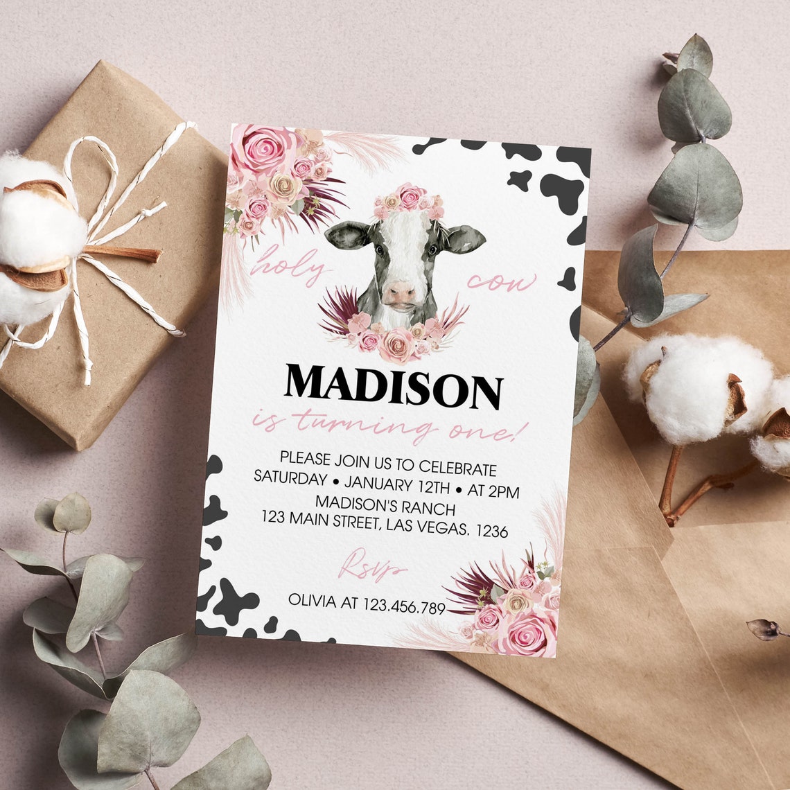 EDITABLE Holy Cow I'm One Invitation Cow 1st Birthday - Etsy