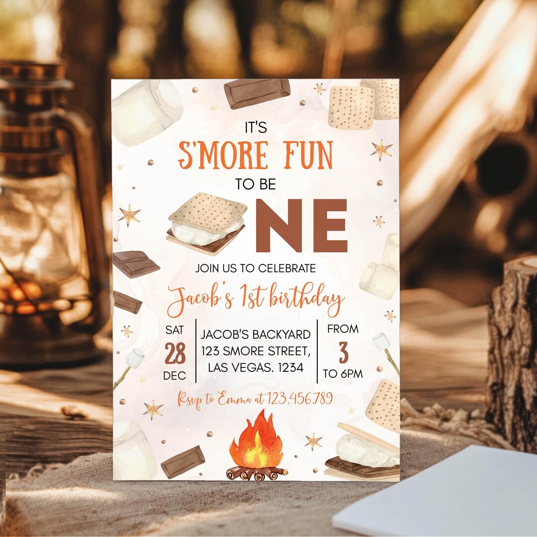S'mores 1st Birthday Invitation, Campfire Party Invite, Editable Camping Theme Birthday, Bonfire ...
