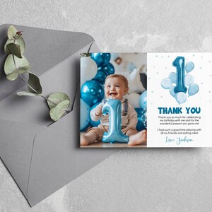 EDITABLE Blue Balloon Birthday Thank You Card, Boy 1st Birthday Picture ...