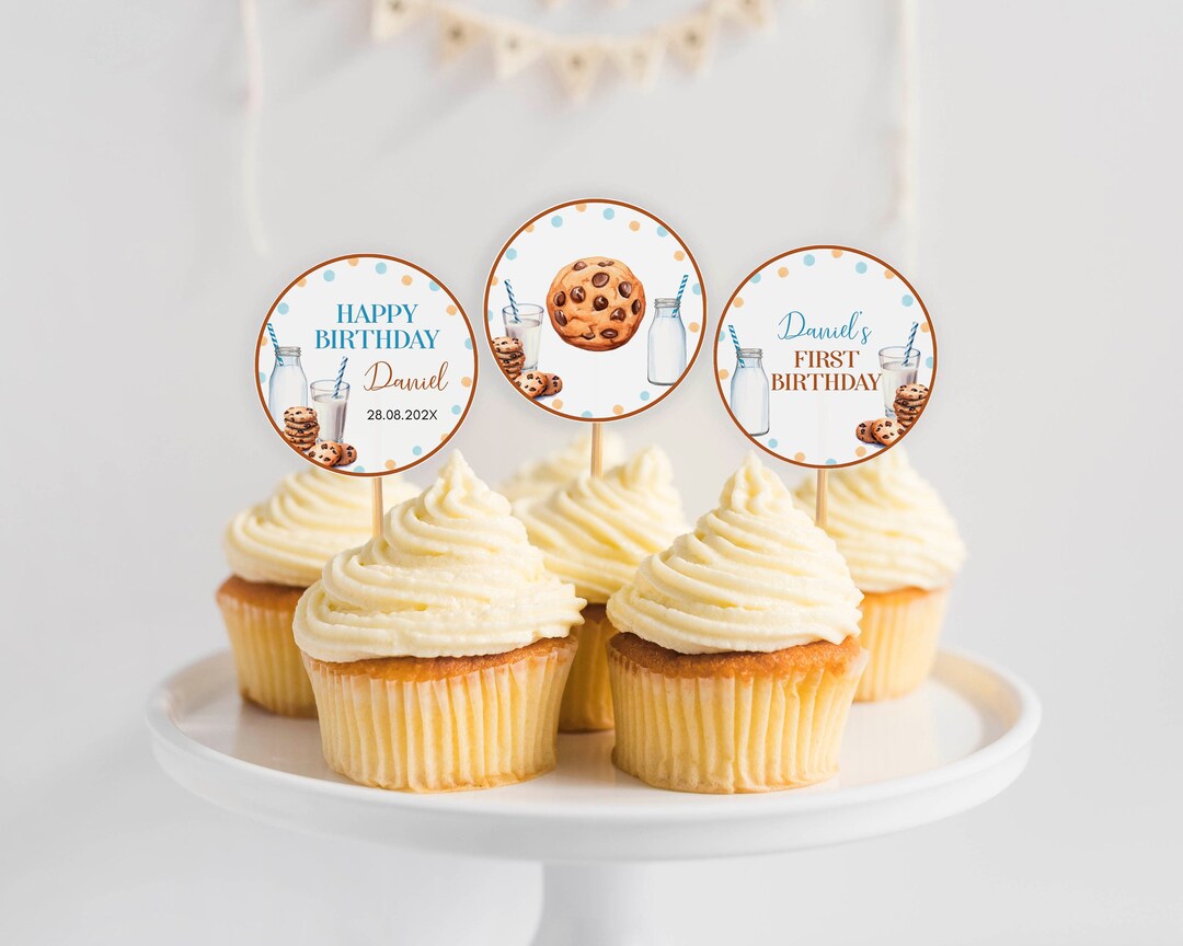 Editable Milk and Cookies Cupcake Topper, 1st Birthday Boy Cupcake ...