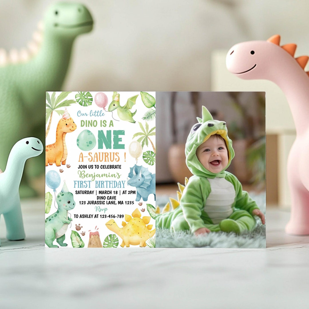 Dinosaur 1st Birthday Invitation, Dinosaur Party Photo Invitation ...