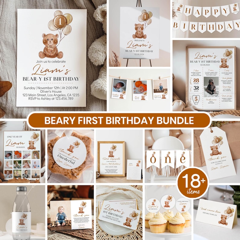 Editable Beary First Birthday Invitation Set, Neutral Bear 1st Birthday ...