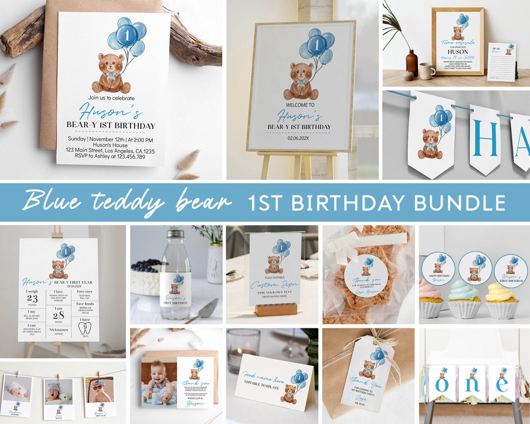 Editable Beary First Birthday Invitation Bundle, Modern Bear 1st ...