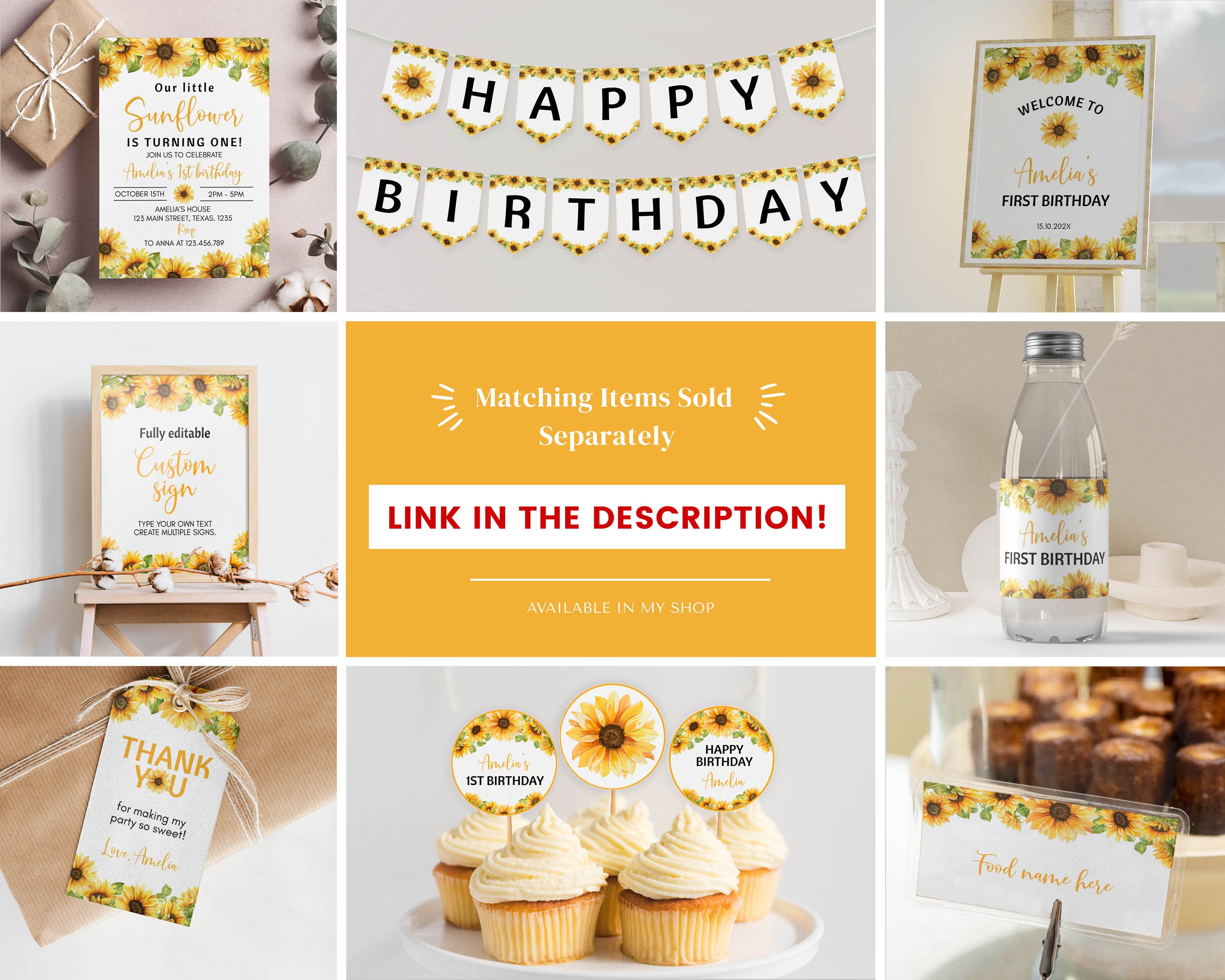 Editable Sunflower 1st Birthday Banner, Sunflower Happy Birthday Banner ...