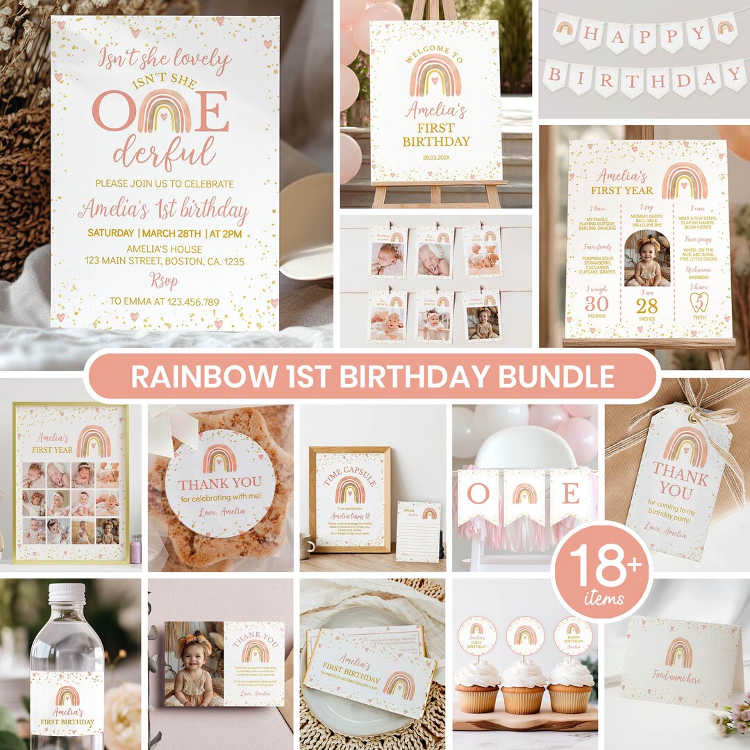 Boho Rainbow Birthday Decor & Invitation Bundle, Onederful Birthday Set ...