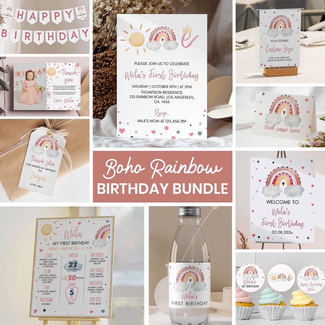 Boho Rainbow First Birthday Bundle | Editable Girl 1st Birthday ...