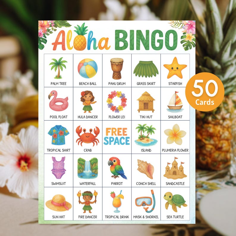 Aloha Bingo Game Printable, Hawaiian Bingo Cards, Tropical Party ...