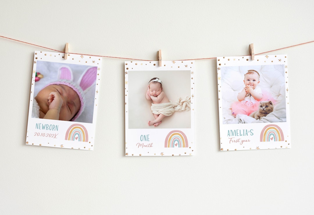 Editable Boho Rainbow Photo Birthday Banner, Printable 12 Month Boho ...