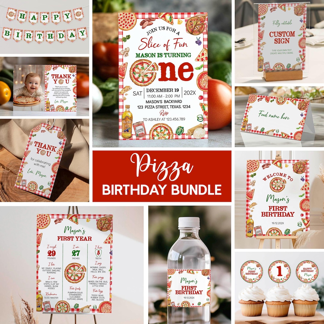 Editable Pizza Birthday Invitation Bundle, Pizza Party 1st Birthday Kit ...