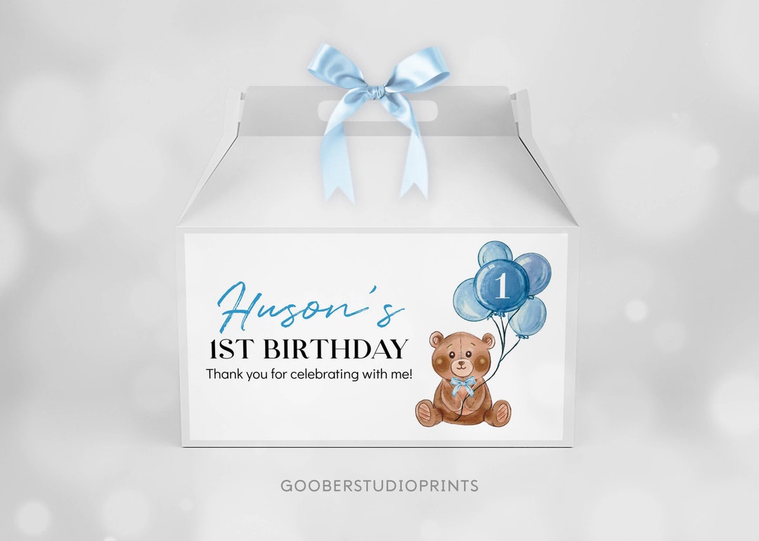 EDITABLE Bear Birthday Party Gable Gift Box Label, Beary First Birthday ...