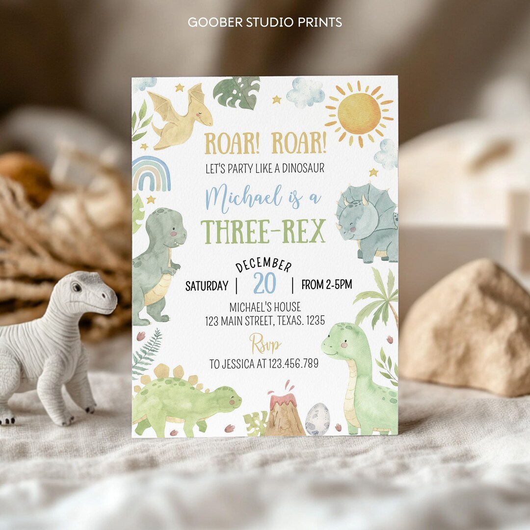 EDITABLE Three Rex Birthday Invitation, Dinosaur Birthday Invitation, 3 ...