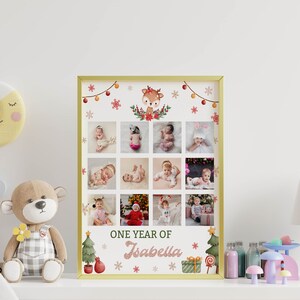 Editable December Birthday First Year Photo Collage, Reindeer 12 Month ...