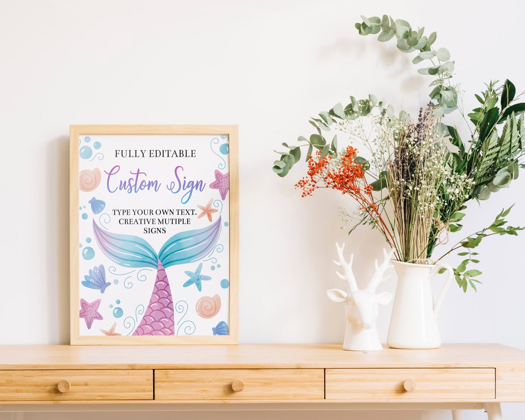 EDITABLE Mermaid Custom Sign, Pastel Mermaid Birthday Table Sign ...