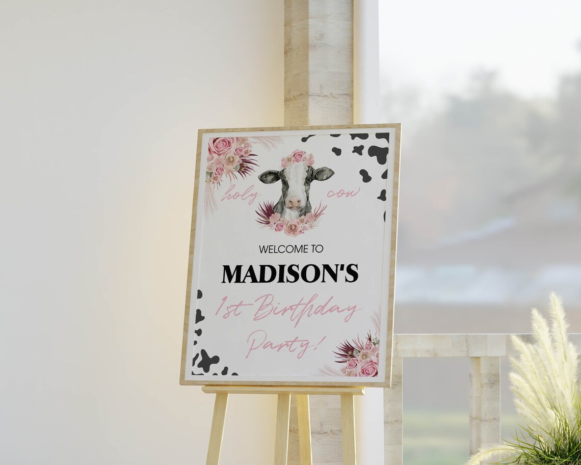 EDITABLE Cow Birthday Party Welcome Sign Holy Cow I'm One - Etsy