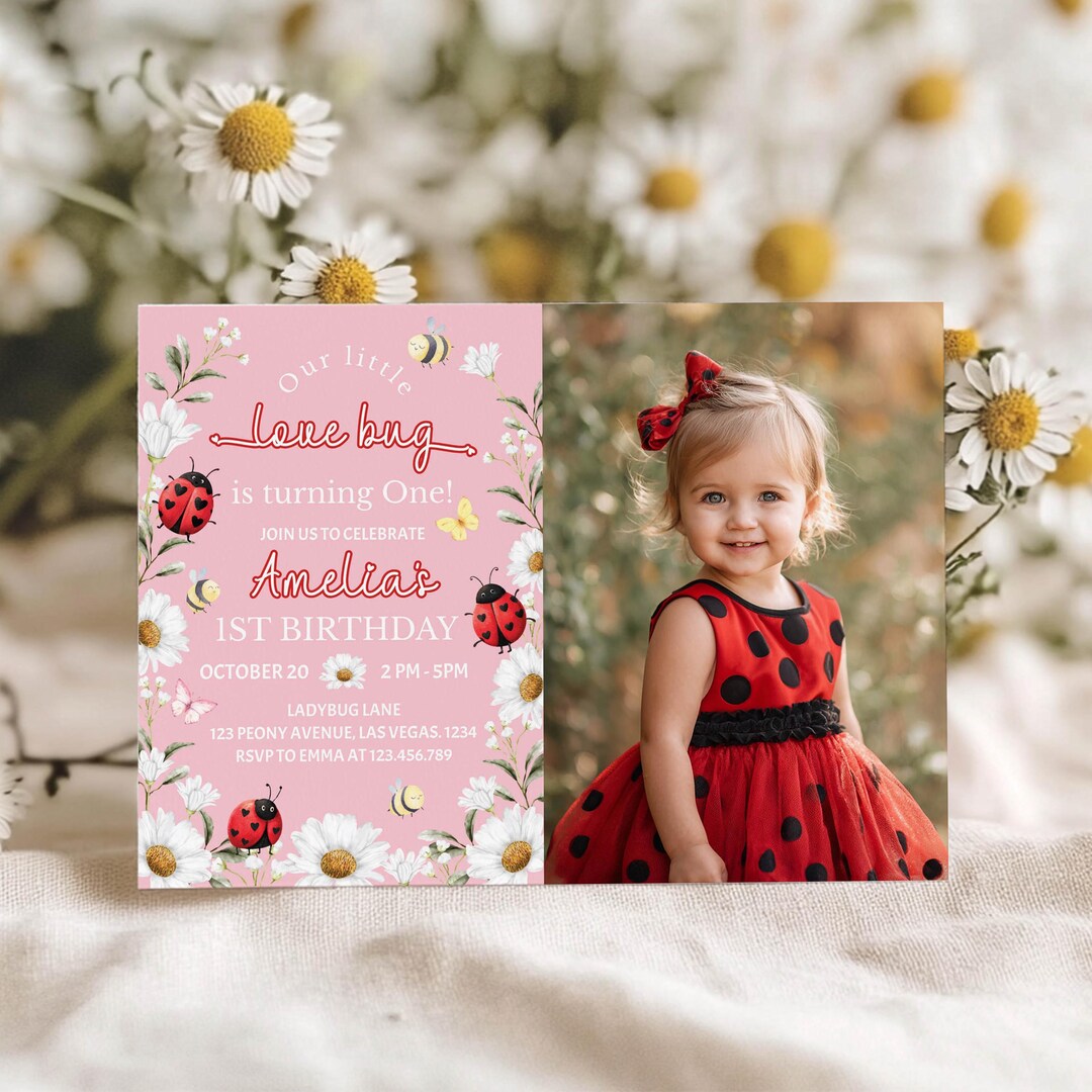 Love Bug 1st Birthday Invitation, Lady Bug Birthday Photo Invitation ...