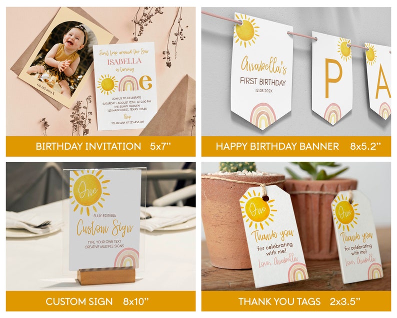 Editable First Trip Around the Sun Birthday Invitation Bundle, Boho ...