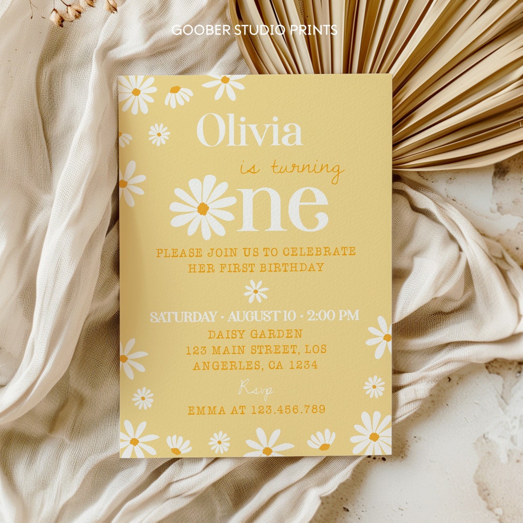 Editable Daisy First Birthday Invitation, Retro Daisy 1st Birthday ...