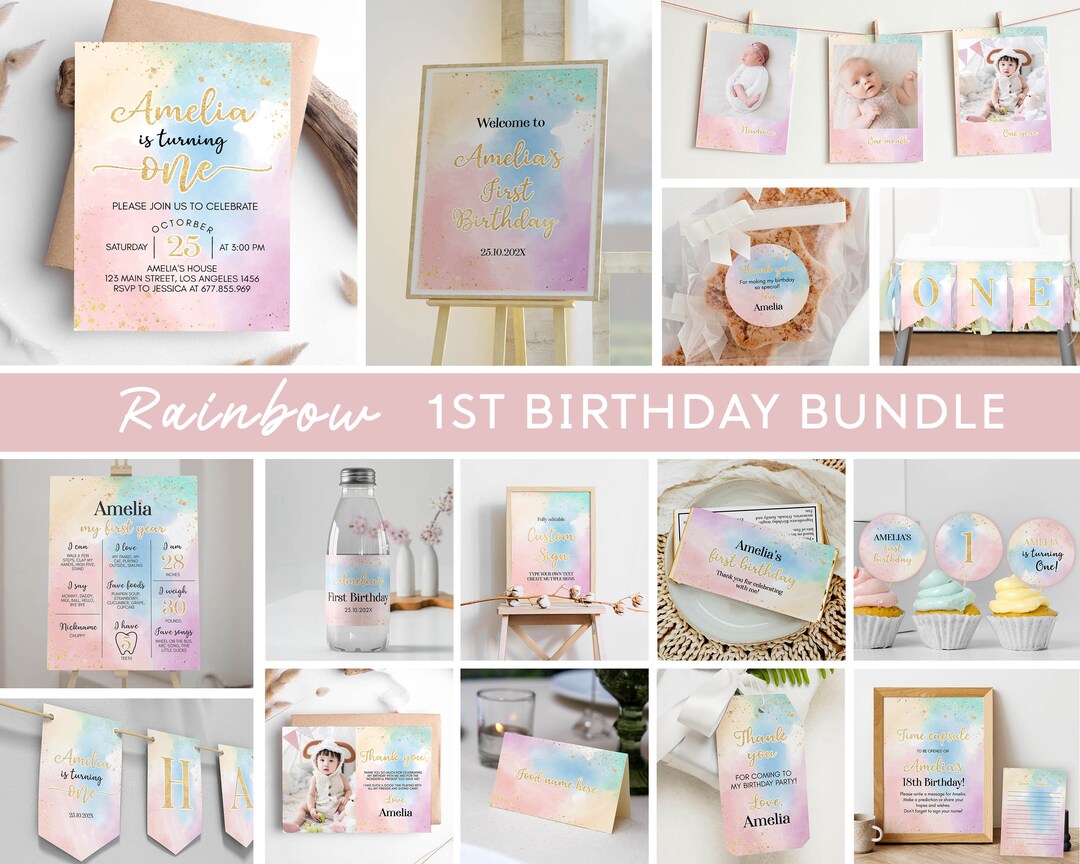 Editable Pastel Rainbow Birthday Invitation Bundle, Watercolor Rainbow ...