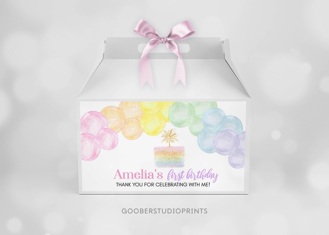 EDITABLE Pastel Rainbow Gable Gift Box Label, Pastel 1st Birthday Favor ...