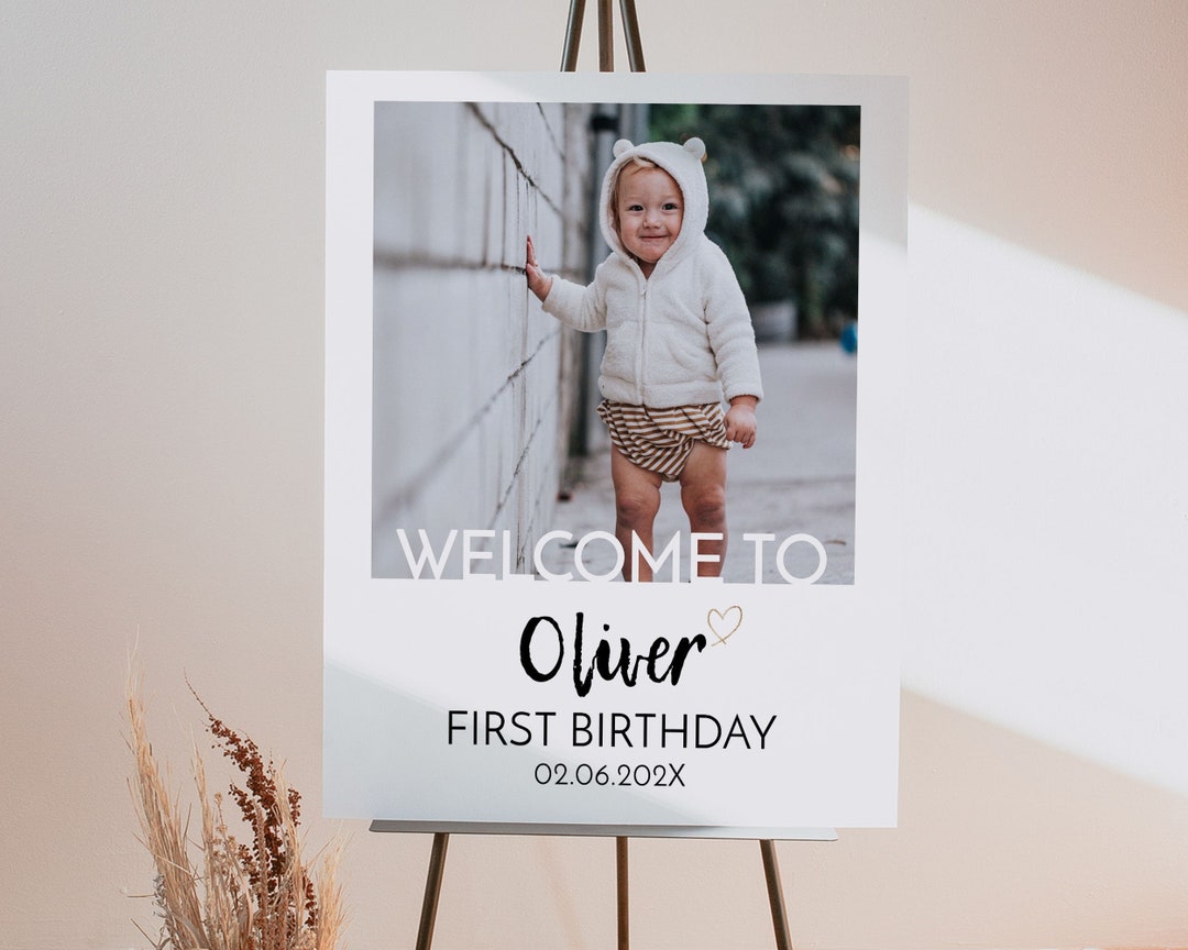 EDITABLE Photo First Birthday Sign, Modern Birthday Welcome Sign ...