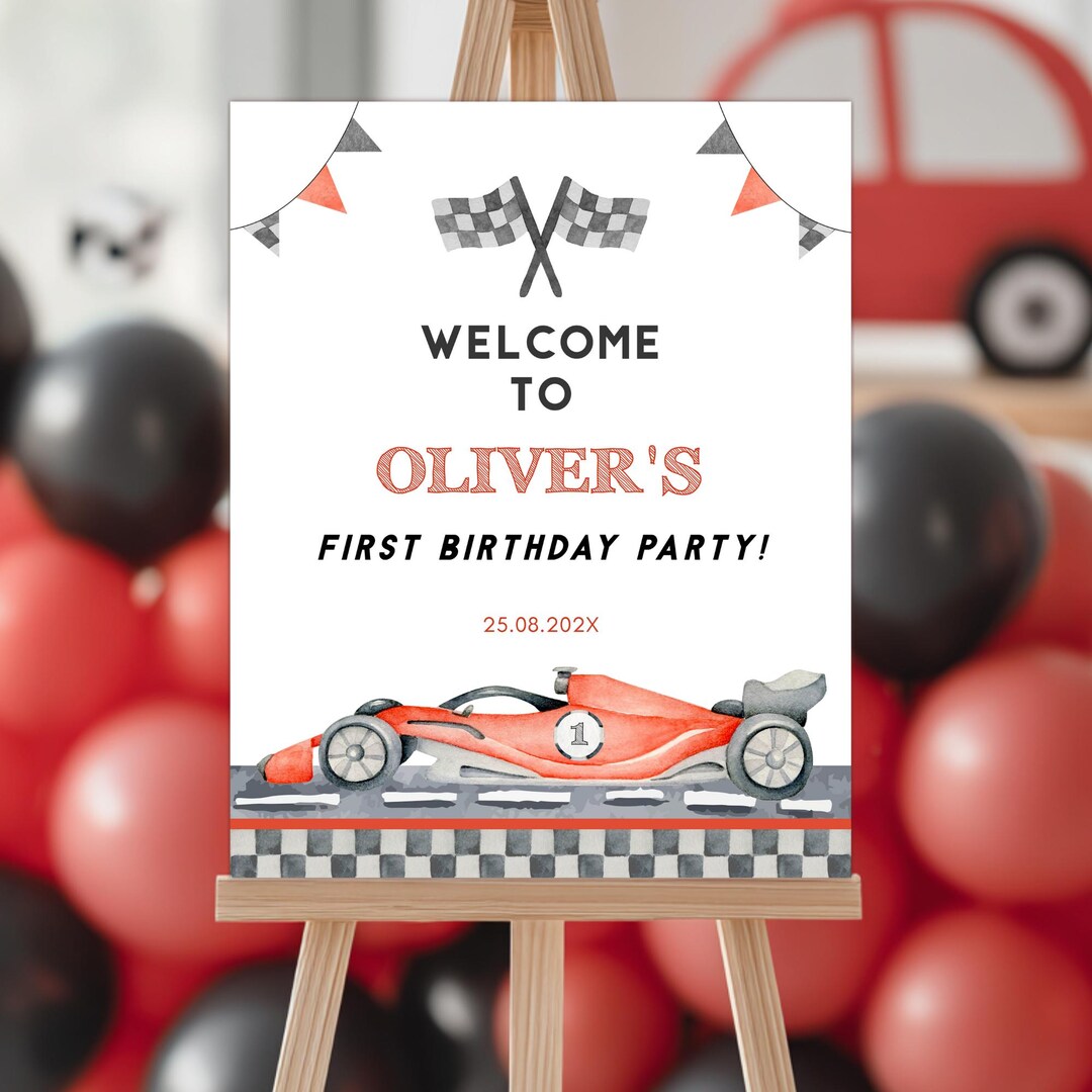 EDITABLE Race Car Birthday Welcome Sign, Red Car 1st Birthday Sign for ...