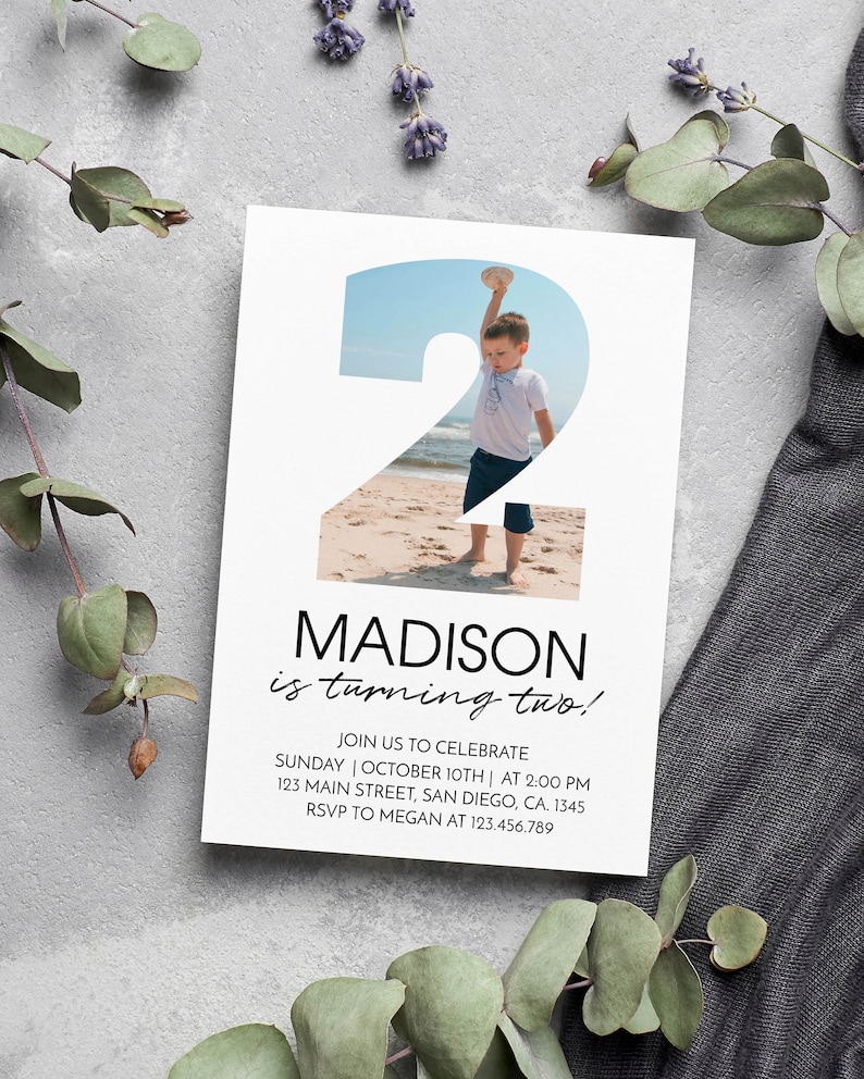 Second Birthday Invitation, Modern 2nd Birthday Invite, Minimal Photo ...