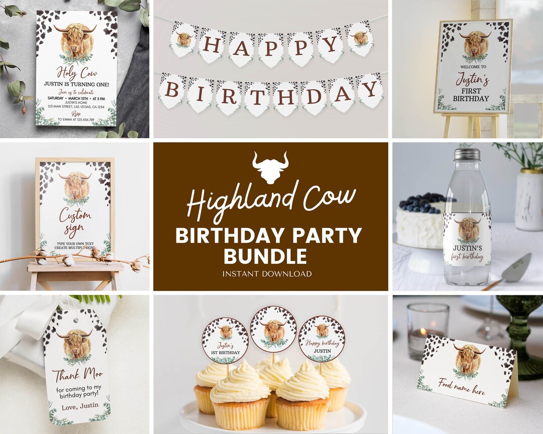 Highland Cow 1st Birthday Invitation Bundle, Rustic Farm Theme Editable ...