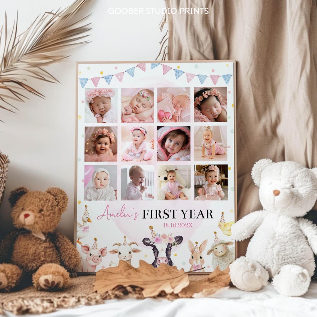 Editable First Year Photo Collage, 12 Month Photo Print, Barnyard Birthday Photo Collage, Farm ...