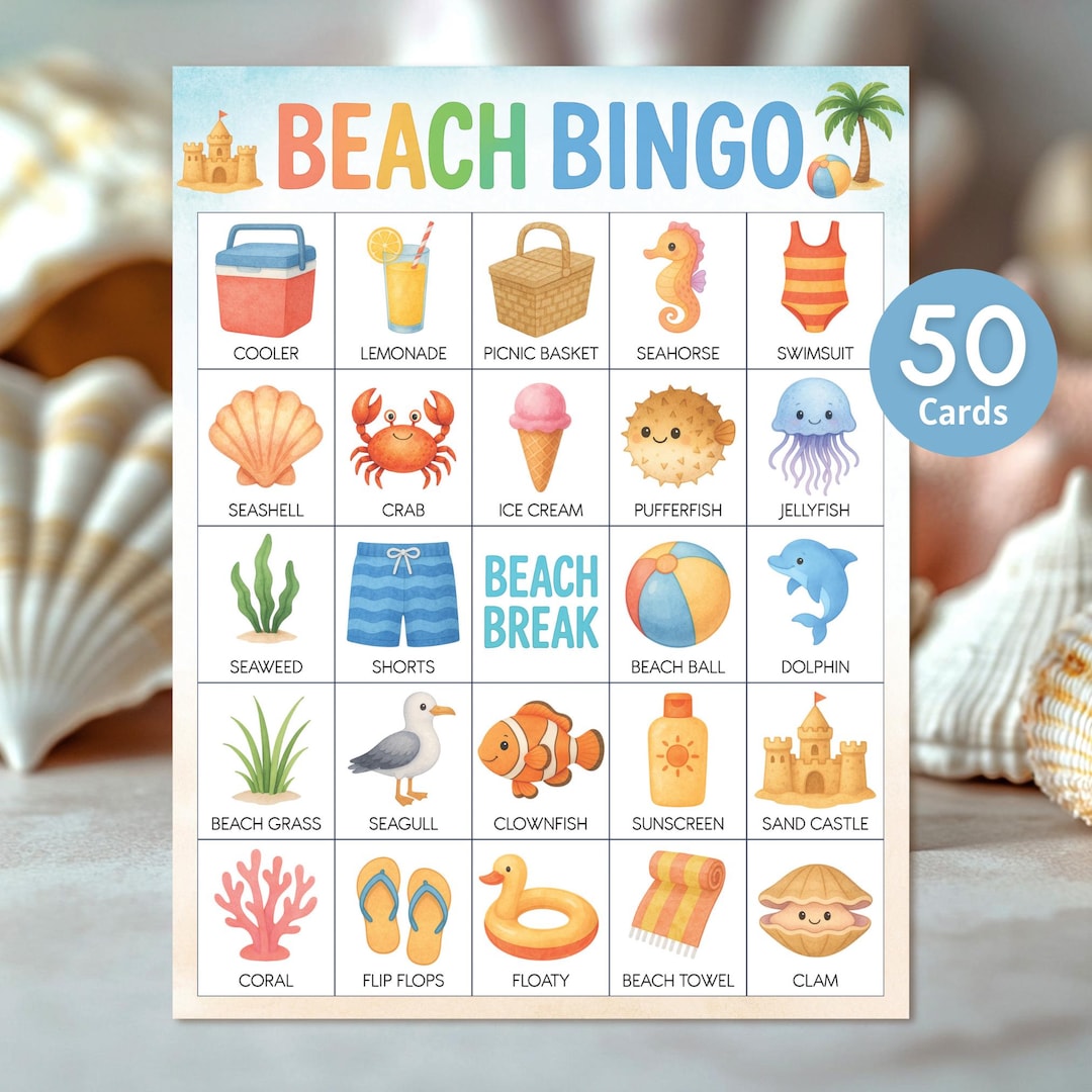 Beach Bingo Printable Game for Kids, 50 Summer Bingo Cards, Fun Summer ...