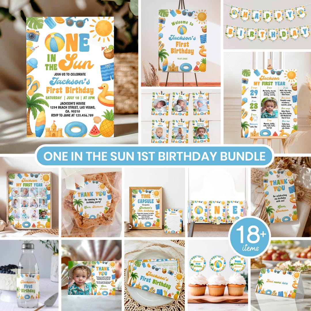 One in the Sun Birthday Invitation Bundle, Editable Sun 1st Birthday ...