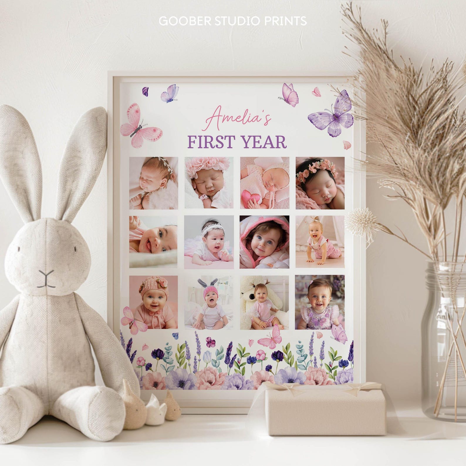 Editable First Year Photo Collage, Butterfly 1st Birthday Photo ...