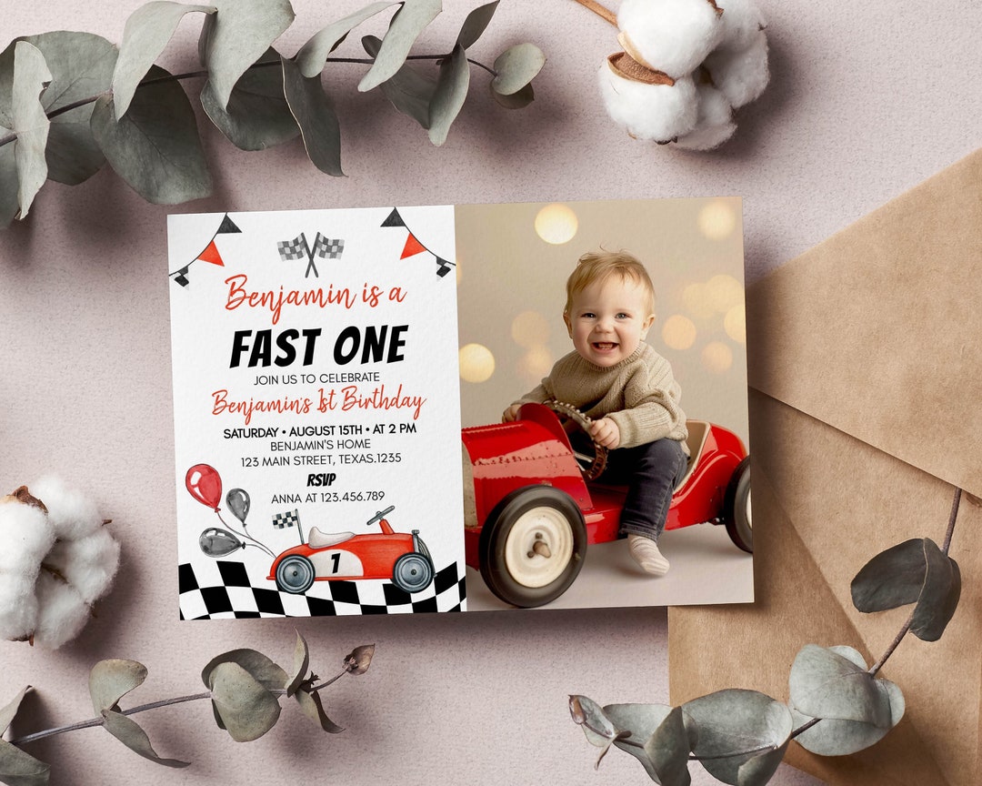 EDITABLE Fast One Race Car Birthday Photo Invite, Racing Car Birthday ...