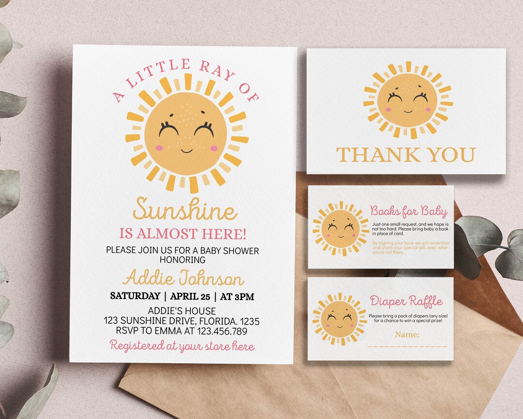 Editable Sunshine Baby Shower Invitation Set, Our Little Ray of ...