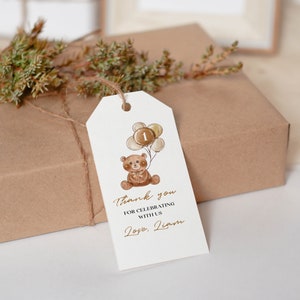 EDITABLE Teddy Bear Birthday Favor Tags, Beary First Birthday Thank You ...