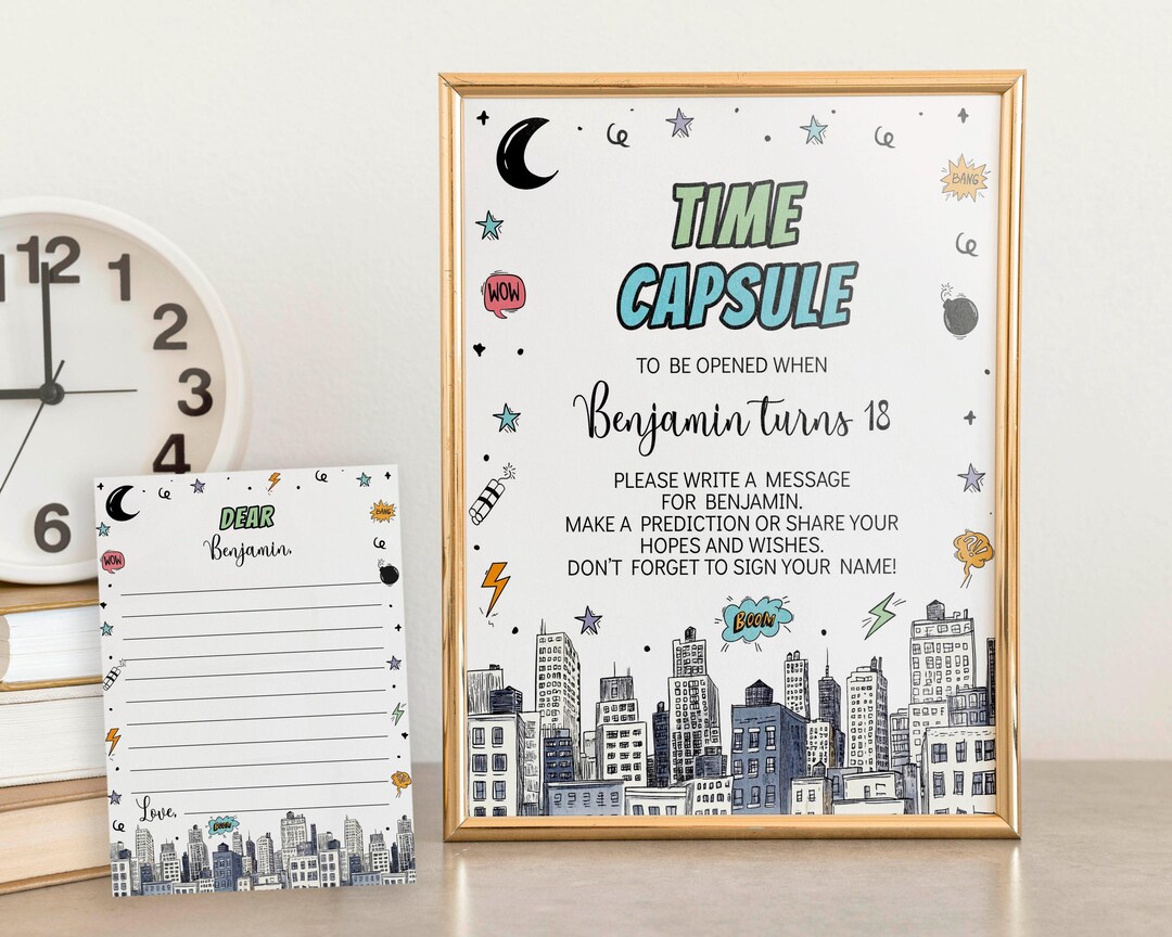 Superhero Birthday Time Capsule Sign & Card, Editable Comic Book-themed ...