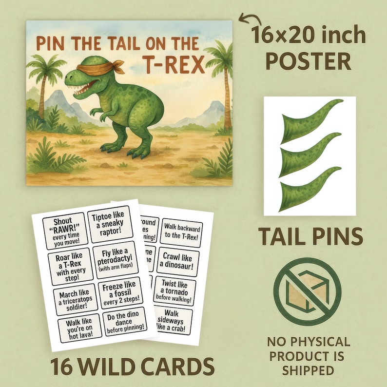 Pin the Tail on the Dinosaur Printable Game | 16x20 Poster + Tails ...