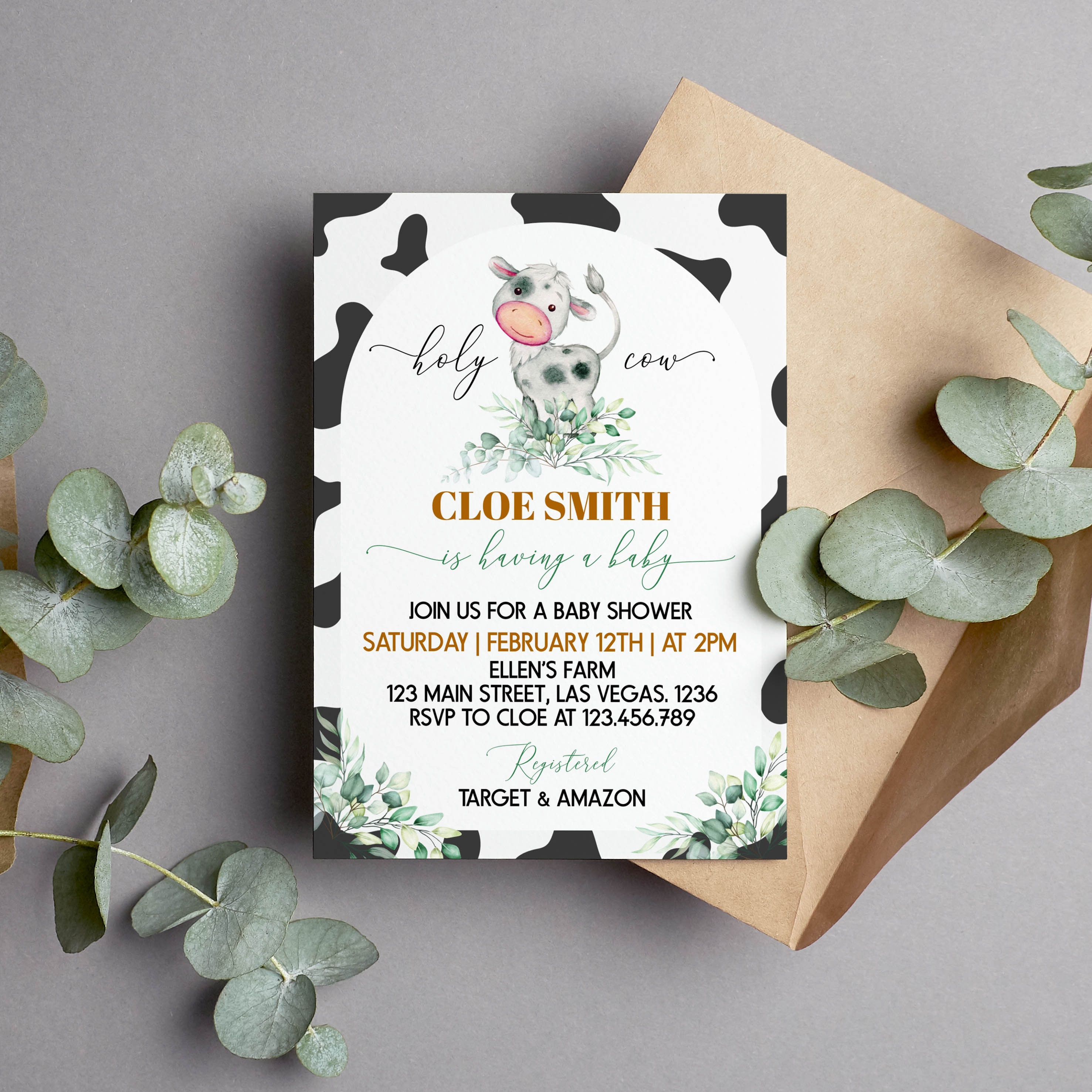 EDITABLE Cow Baby Shower Invitation, Farm Baby Shower Invite, Cow Print ...