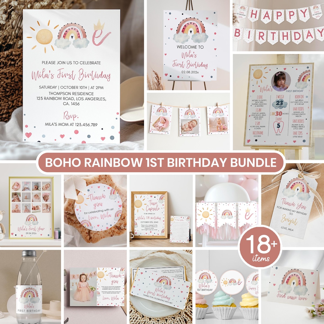 Boho Rainbow 1st Birthday Bundle | Sunshine Girl First Birthday Decor ...