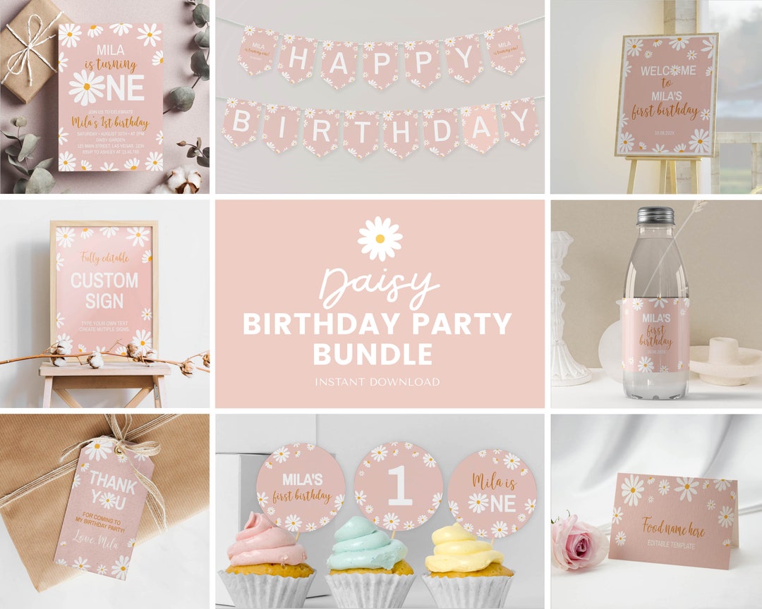 Editable Daisy 1st Birthday Invitation Bundle, Pink Floral Girl ...