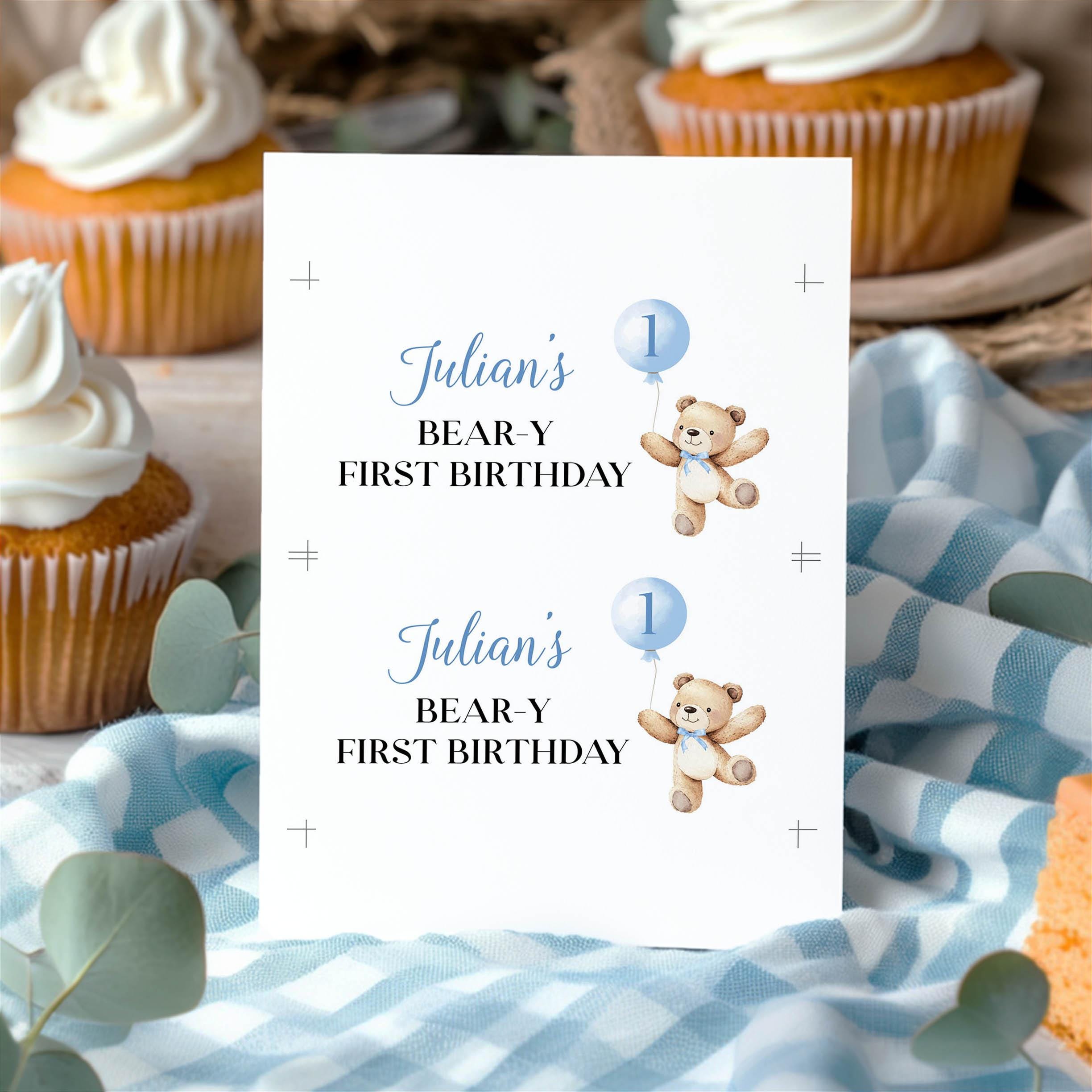 EDITABLE Teddy Bear Birthday Party Gable Gift Box Label, Beary 1st ...
