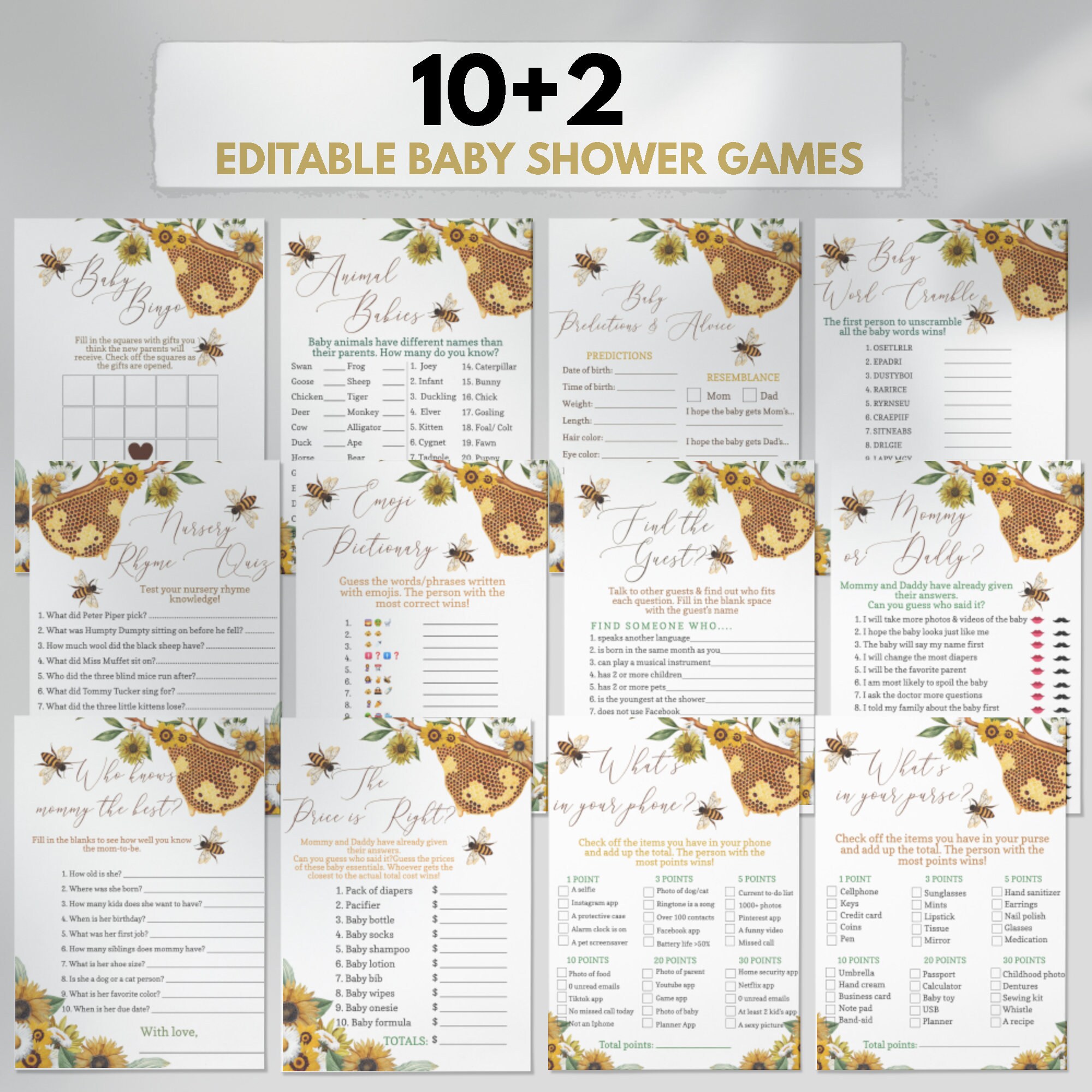 10 Editable Bee Baby Shower Games Honey Bee Baby Shower Game - Etsy