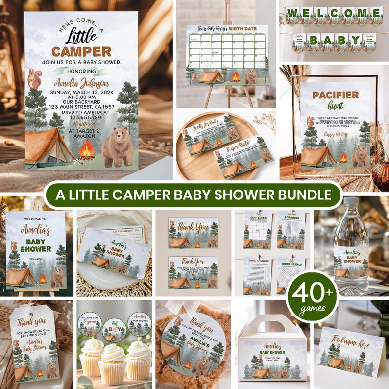 Little Camper Baby Shower Bundle, Camping Theme Party Decor, Woodland ...