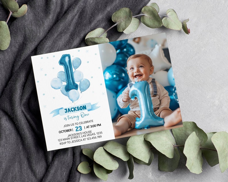 EDITABLE Blue Balloon 1st Birthday Invitation, Boy Birthday Invite ...