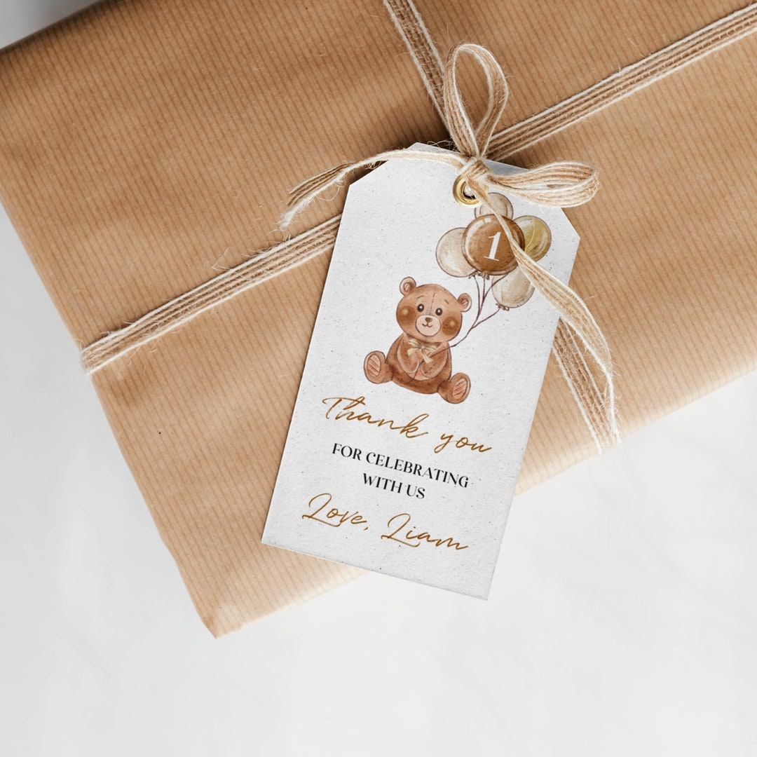 EDITABLE Teddy Bear Birthday Favor Tags, Beary First Birthday Thank You ...