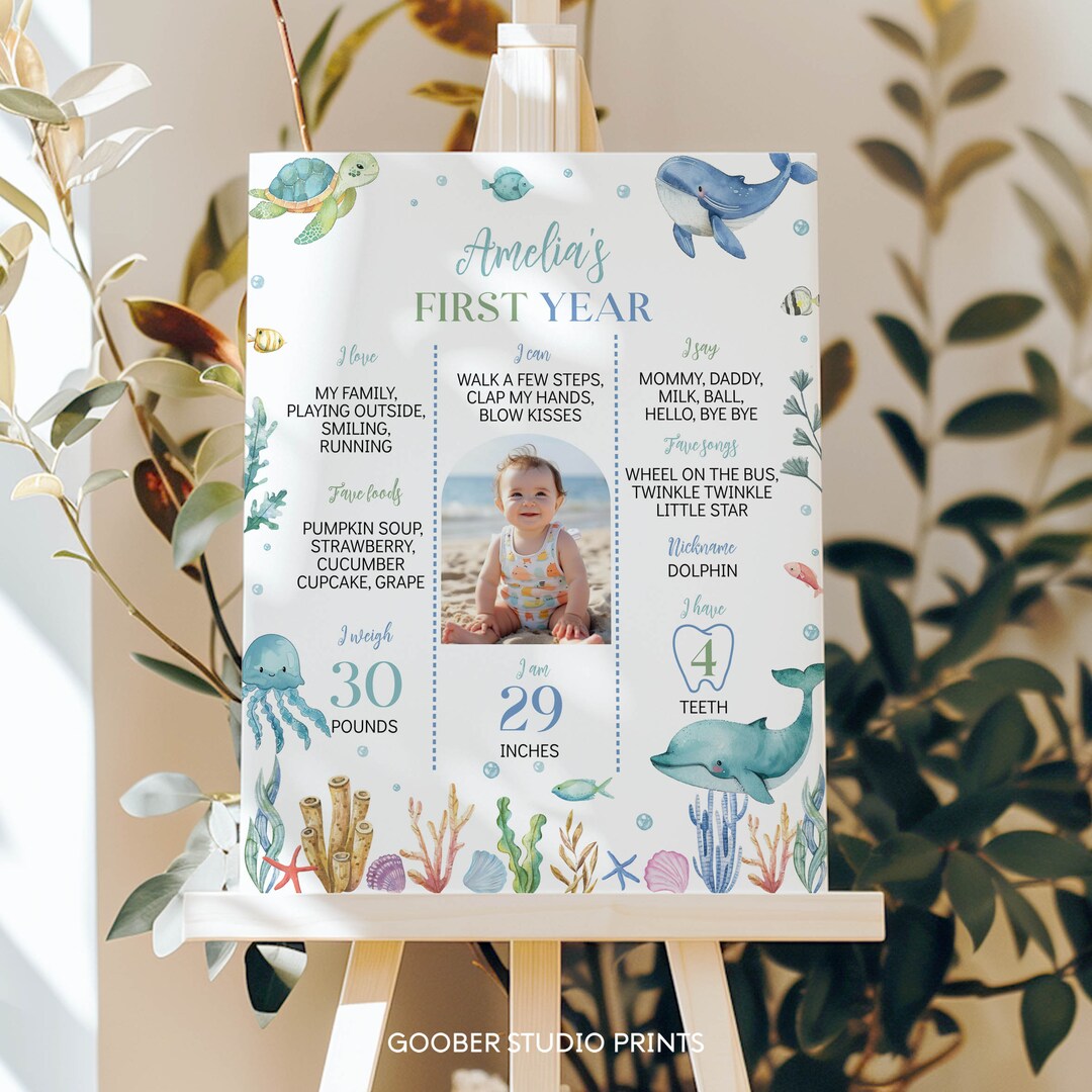 EDITABLE Under the Sea First Birthday Milestone Board, Oneder the Sea ...
