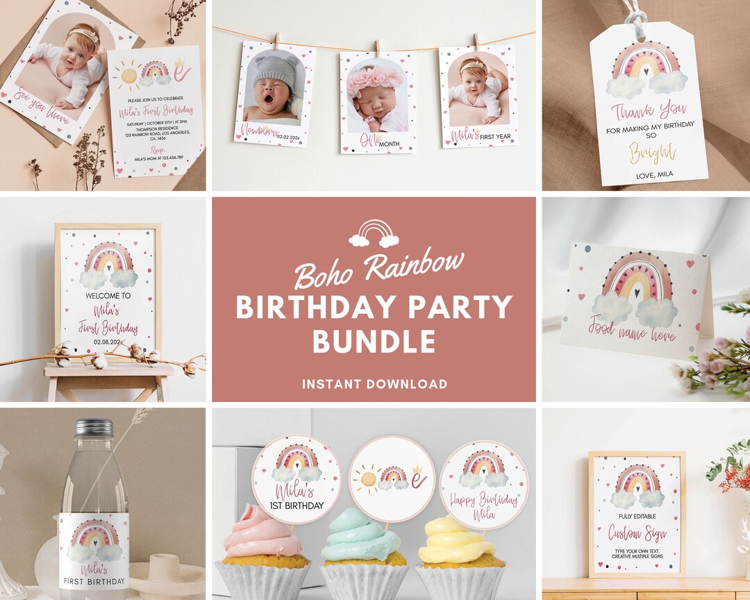 Editable Boho Rainbow 1st Birthday Invitation Bundle, Sunshine Rainbow ...