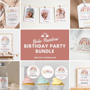 Editable Boho Rainbow 1st Birthday Invitation Bundle, Sunshine Rainbow Birthday Kit, Muted ...