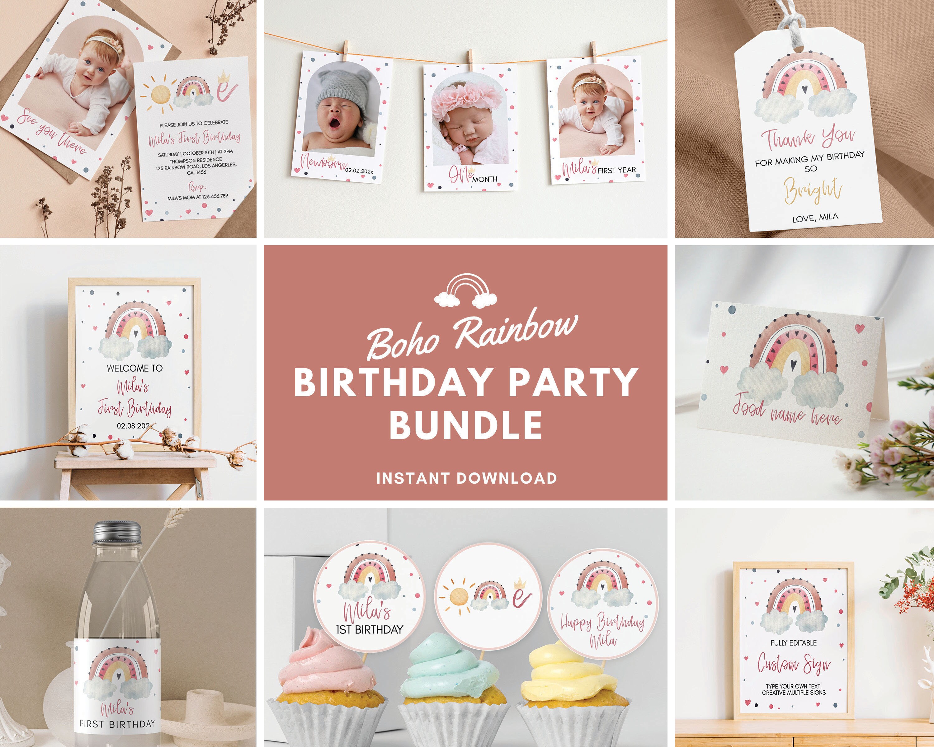 Paper & Party Supplies Neutral Rainbow Birthday Banner Muted Rainbow ...